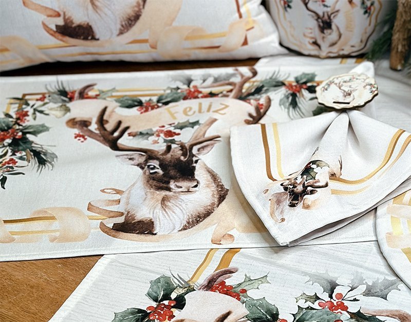 Kit Jogo Americano + Guardanapo Natal Rena Gold Nsw 4 Peças ...