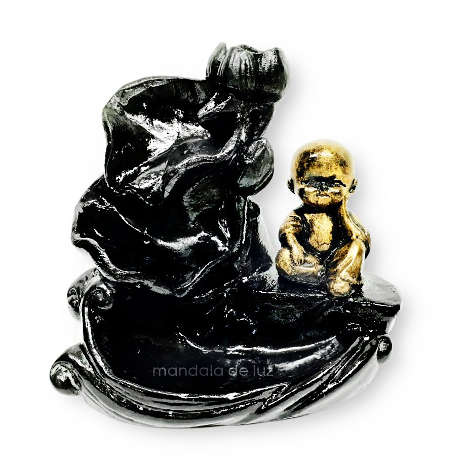 Incensário Cascata Buda Monge Material de Resina Preto e Dourado Cone ...