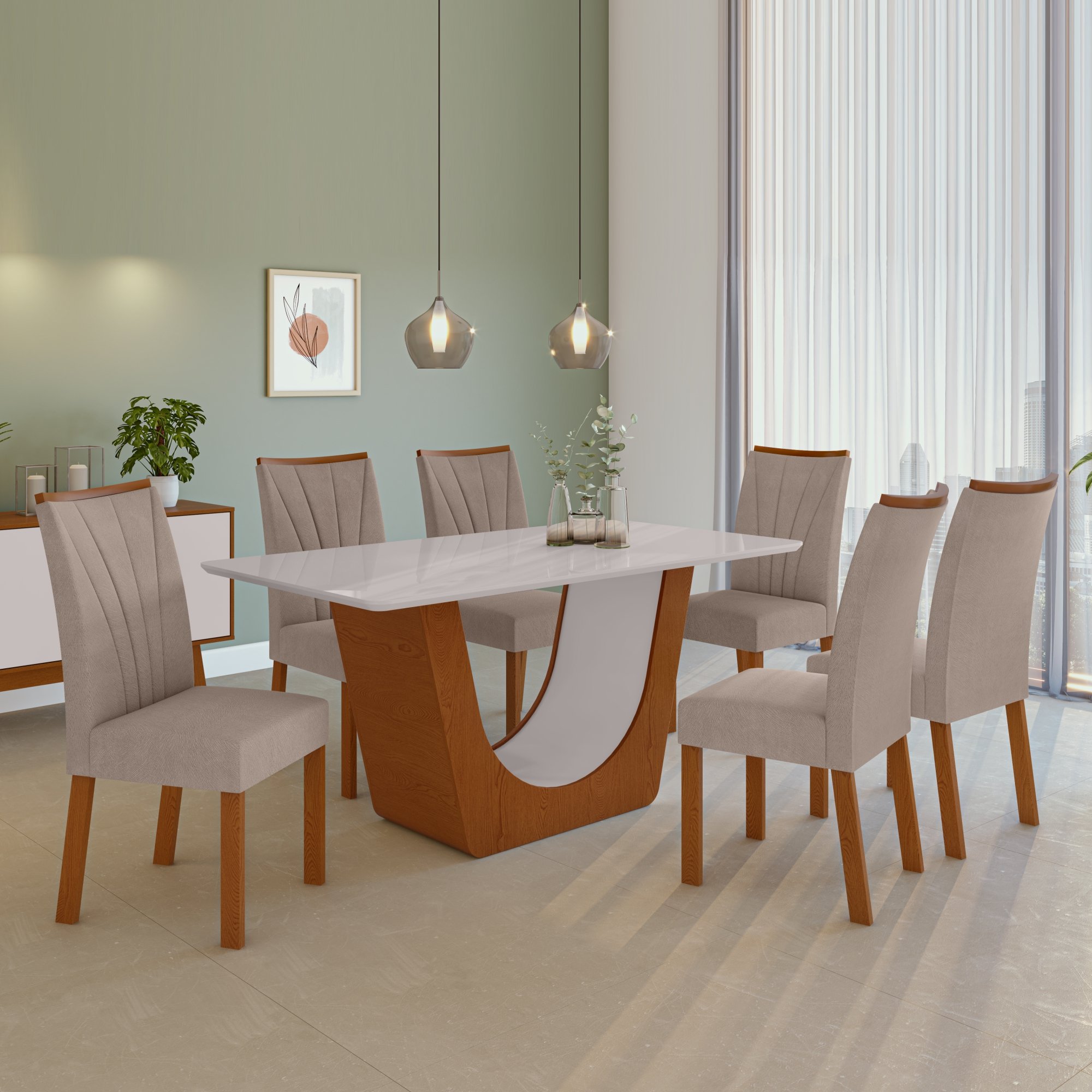 Conjunto Mesa 170cm Atla com Vidro e 6 Cadeiras Apogeu | MadeiraMadeira