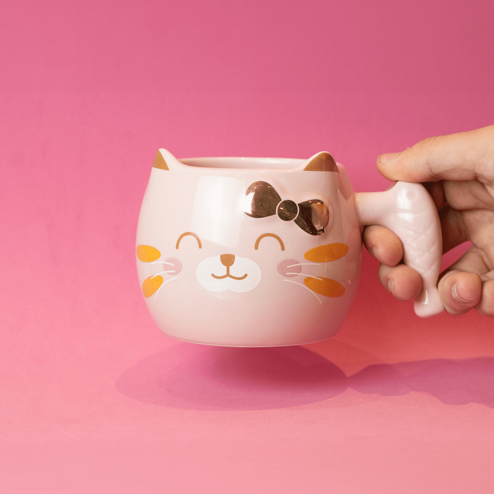 Caneca de Porcelana Cat Loves Fish - Rosa | MadeiraMadeira