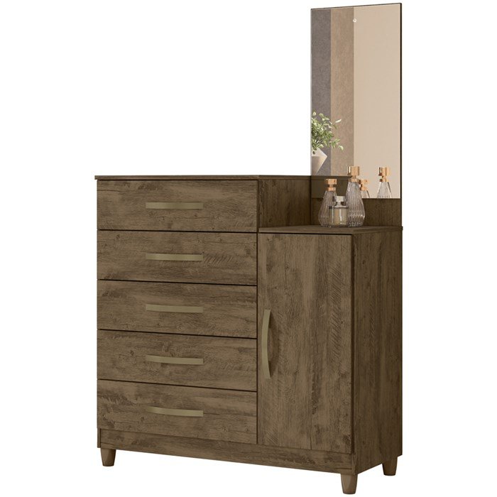 Comoda 5 Gavetas E 1 Porta Com Espelho 9373 Castanho Wood Moval ...
