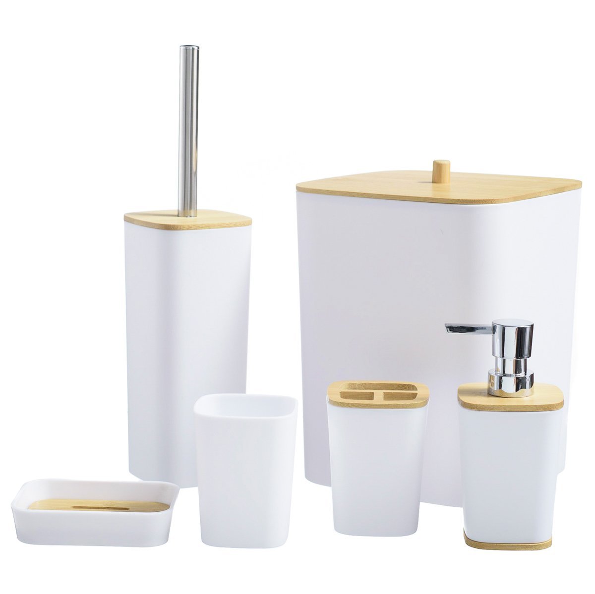 Kit Banheiro Lavabo Escova Lixeira 6 Peças / Tampa Bambú PGB ...