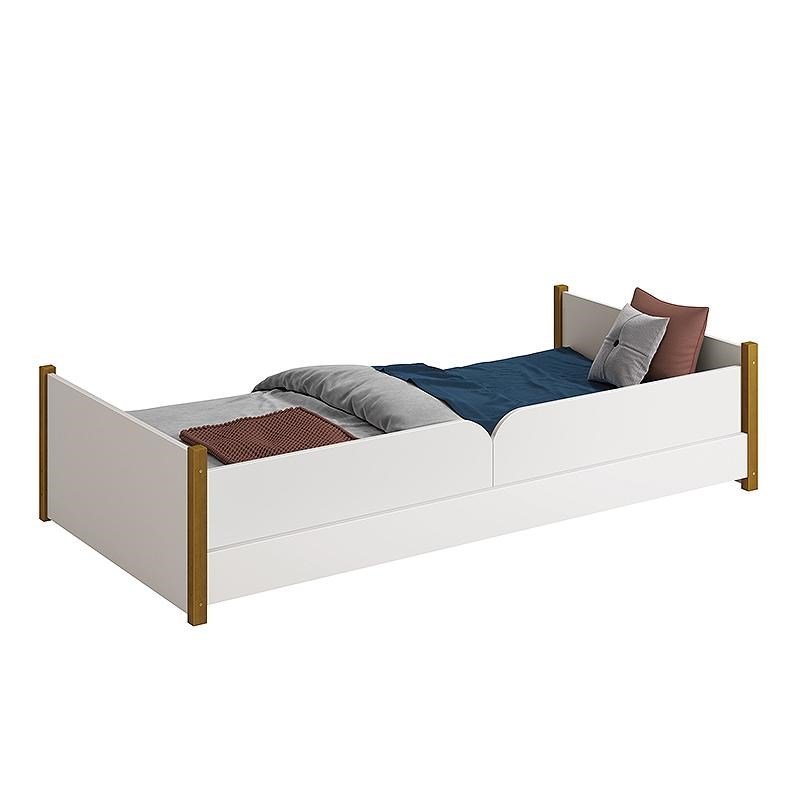 Cama Evolutiva Ravi Branco com Pés Amadeirado, Proteção Lateral Lisa e ...