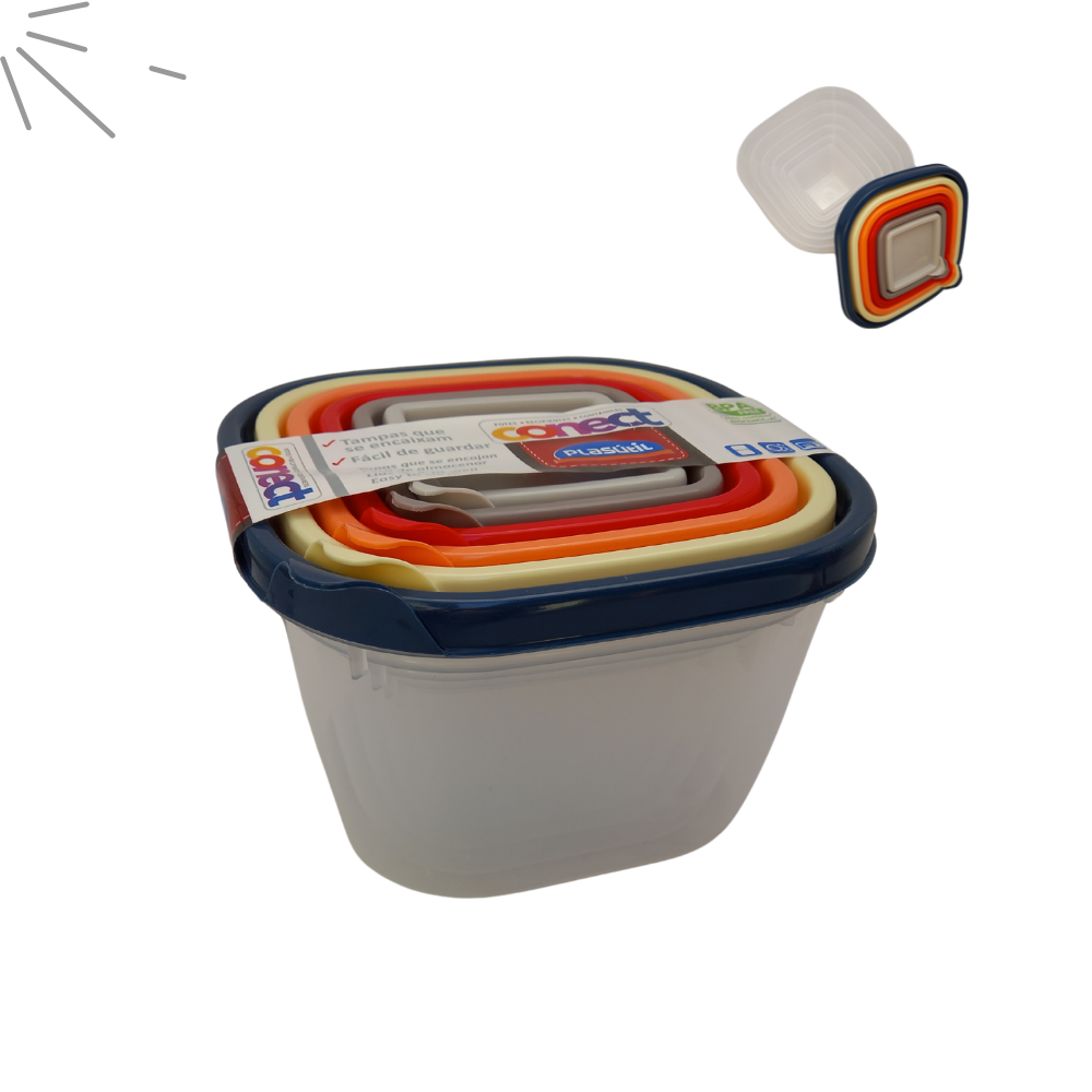 Potes Plasticos para Alimentos com tampa 06 pçs quadrado | MadeiraMadeira