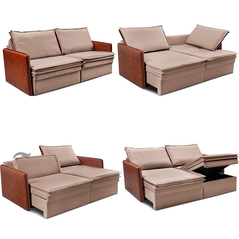 Sofá sem Caixa Retrátil Baú 1,55m Cama Inbox Grace Tecido Linho e Courino Bege Escuro ...