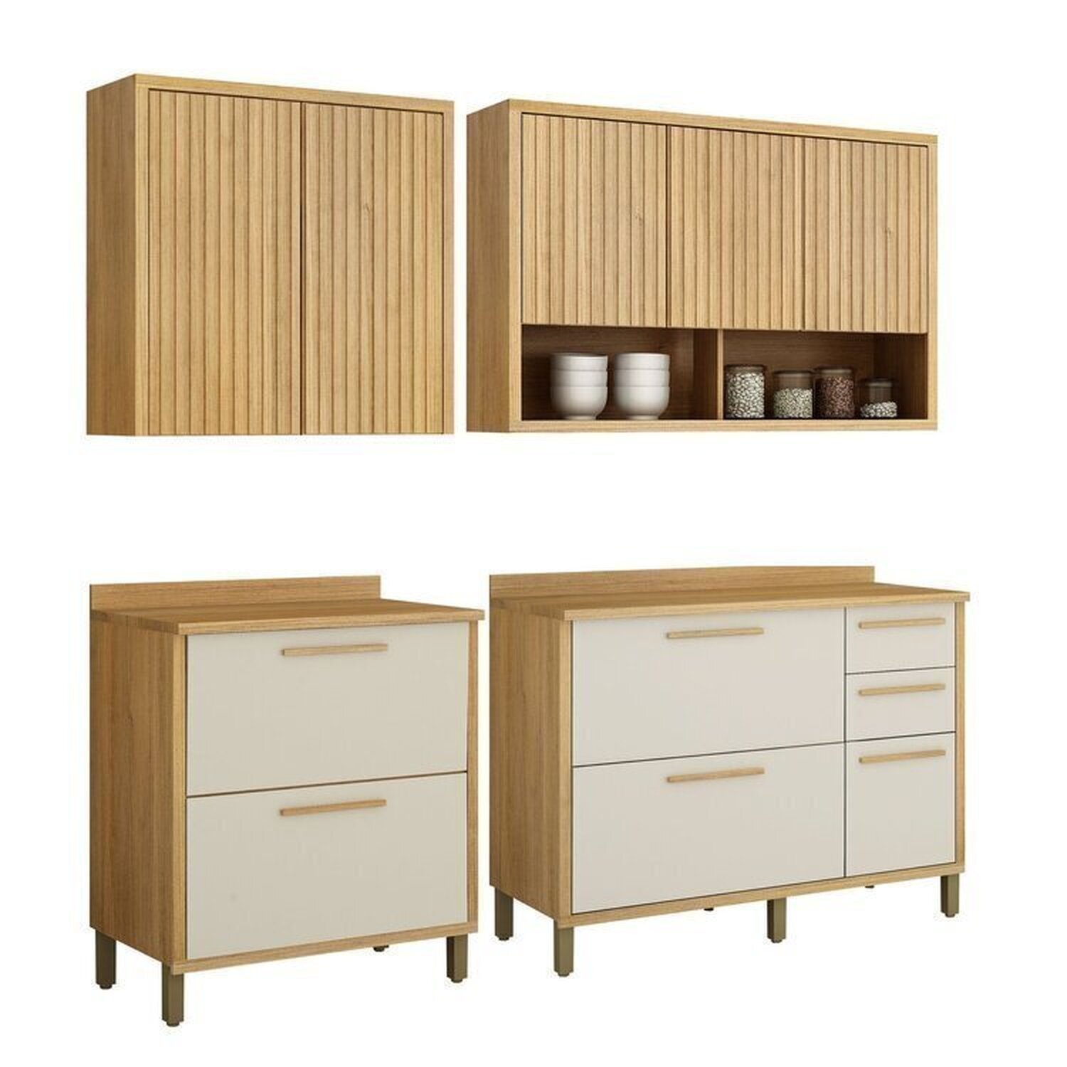 Conjunto de Cozinha 2 Armários Aéreo Ripado e 2 Balcões Torino ...