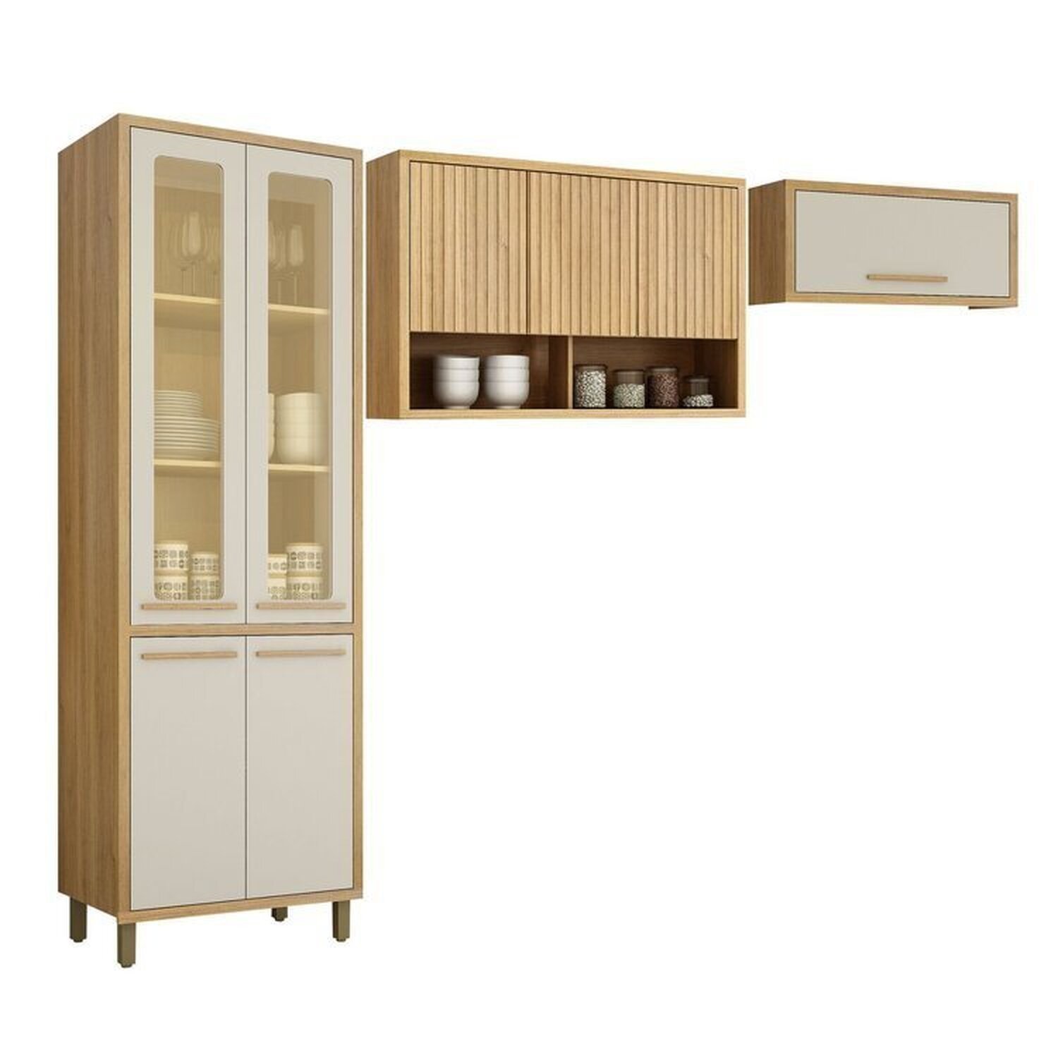 Conjunto de Cozinha Armário Paneleiro 4 Portas com Vidro e 2 Armários ...