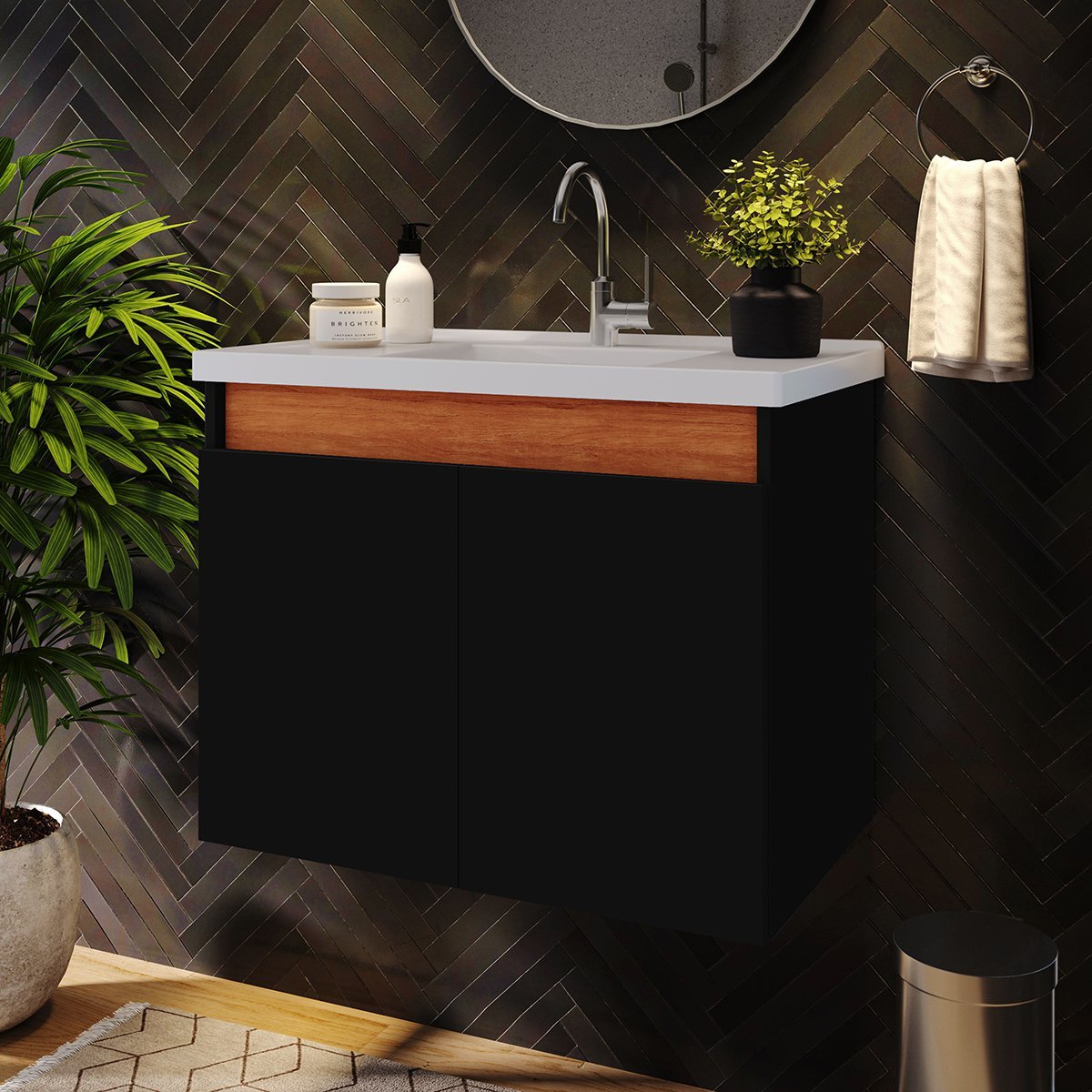 Armário De Banheiro Perseu Com Pia 2 Portas Preto Madeira | MadeiraMadeira