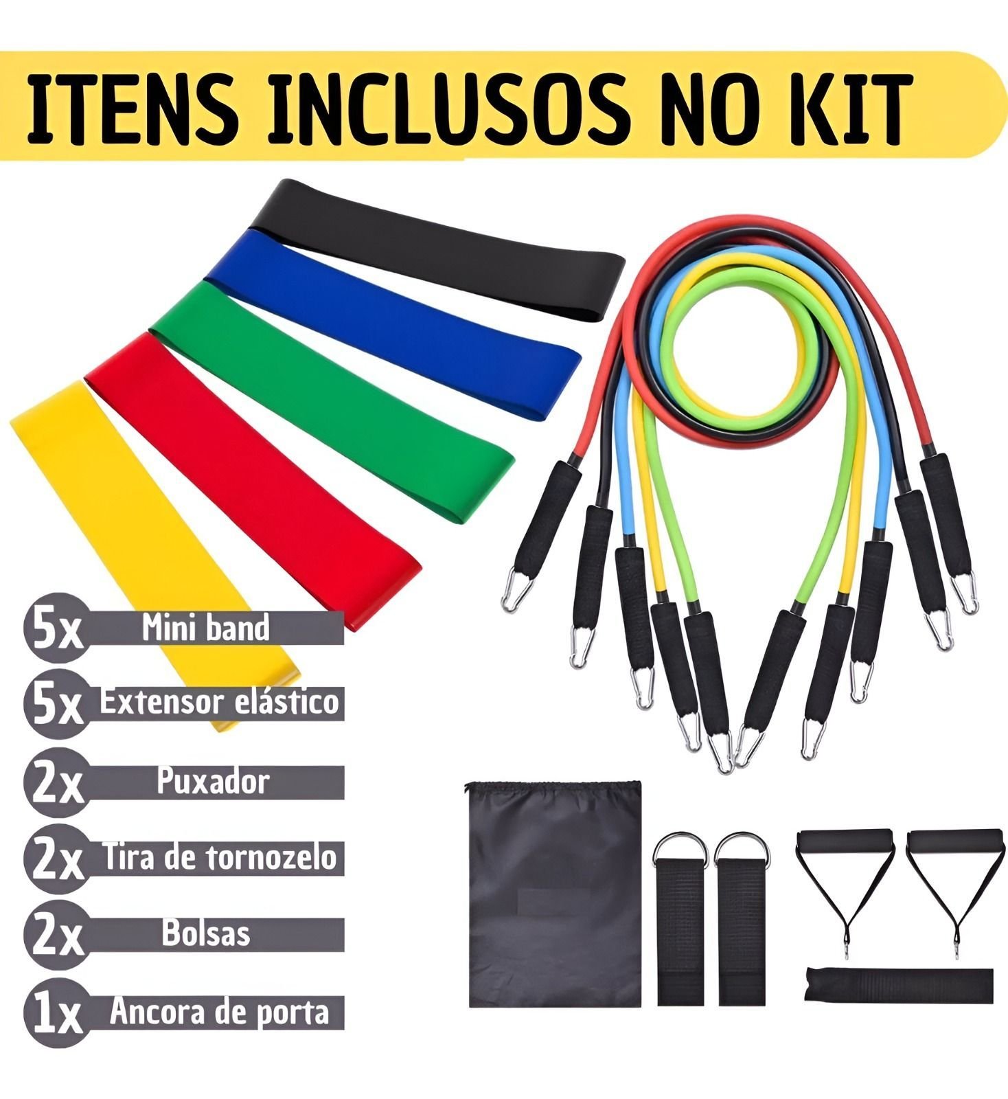Kit Elástico 11 Peças + Mini Band 5 Níveis Treino em Casa | MadeiraMadeira