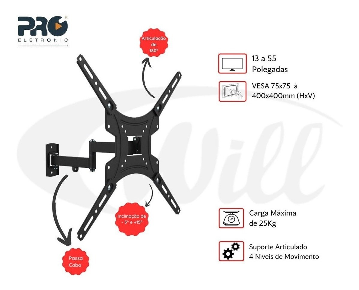 Suporte Tv 32 42 43 50 55 Polegadas Articulavel Móvel - Preto ...