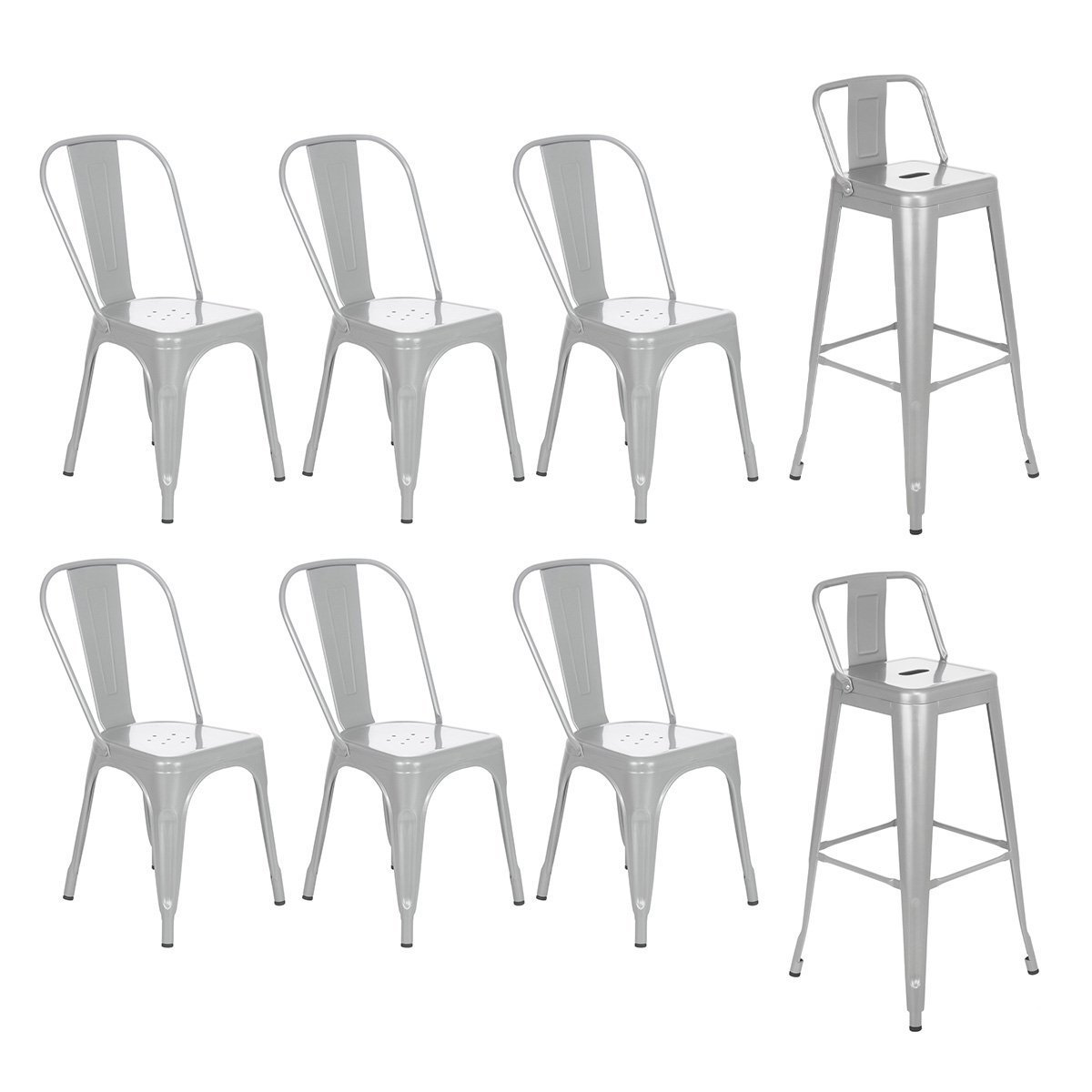Kit 6 cadeiras + 2 banquetas altas com encosto industrial Loft Vintage Iron Tolix prata ...