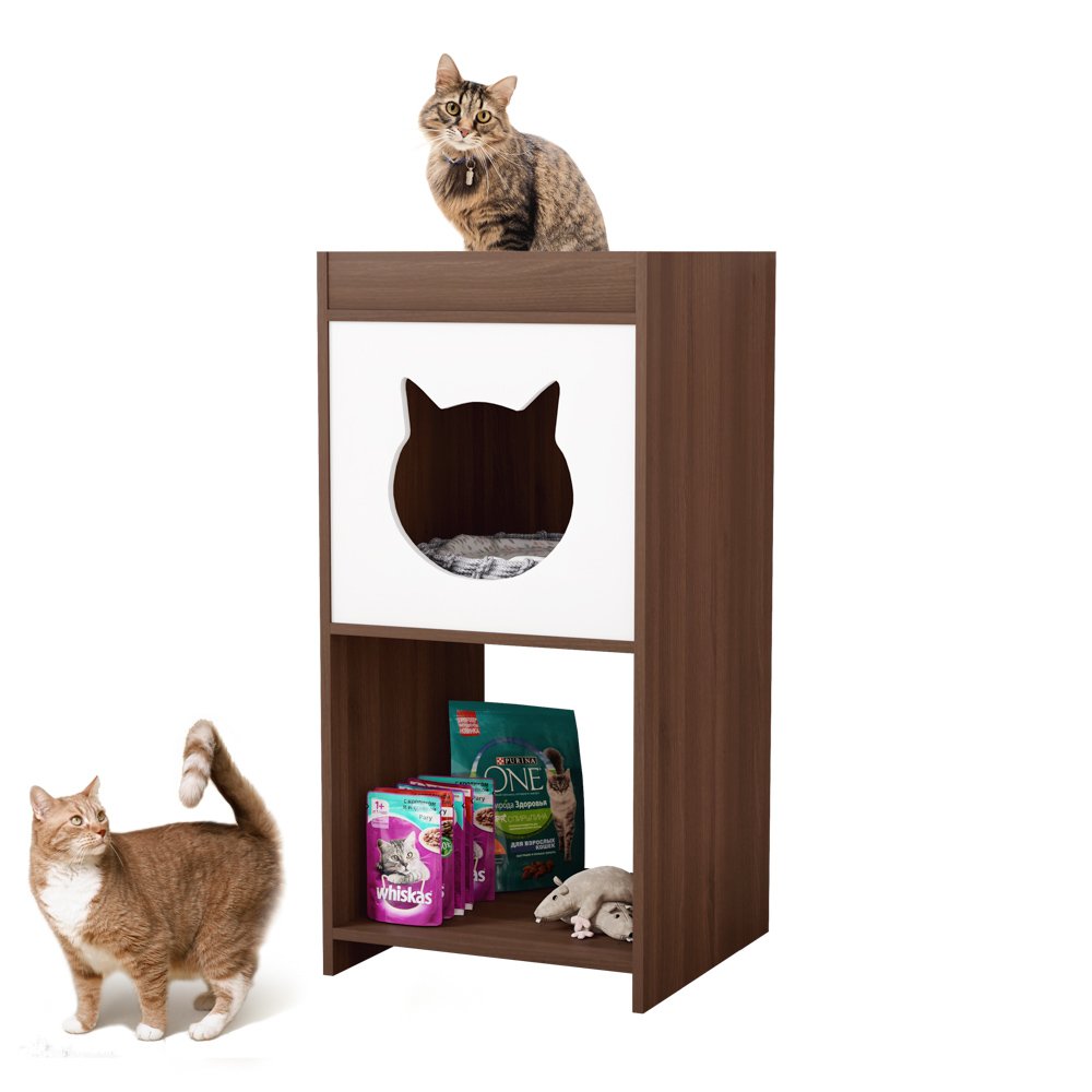 Mesa de Cabeceira Neko com Casinha para Gato e Nicho Integrado Castanho ...