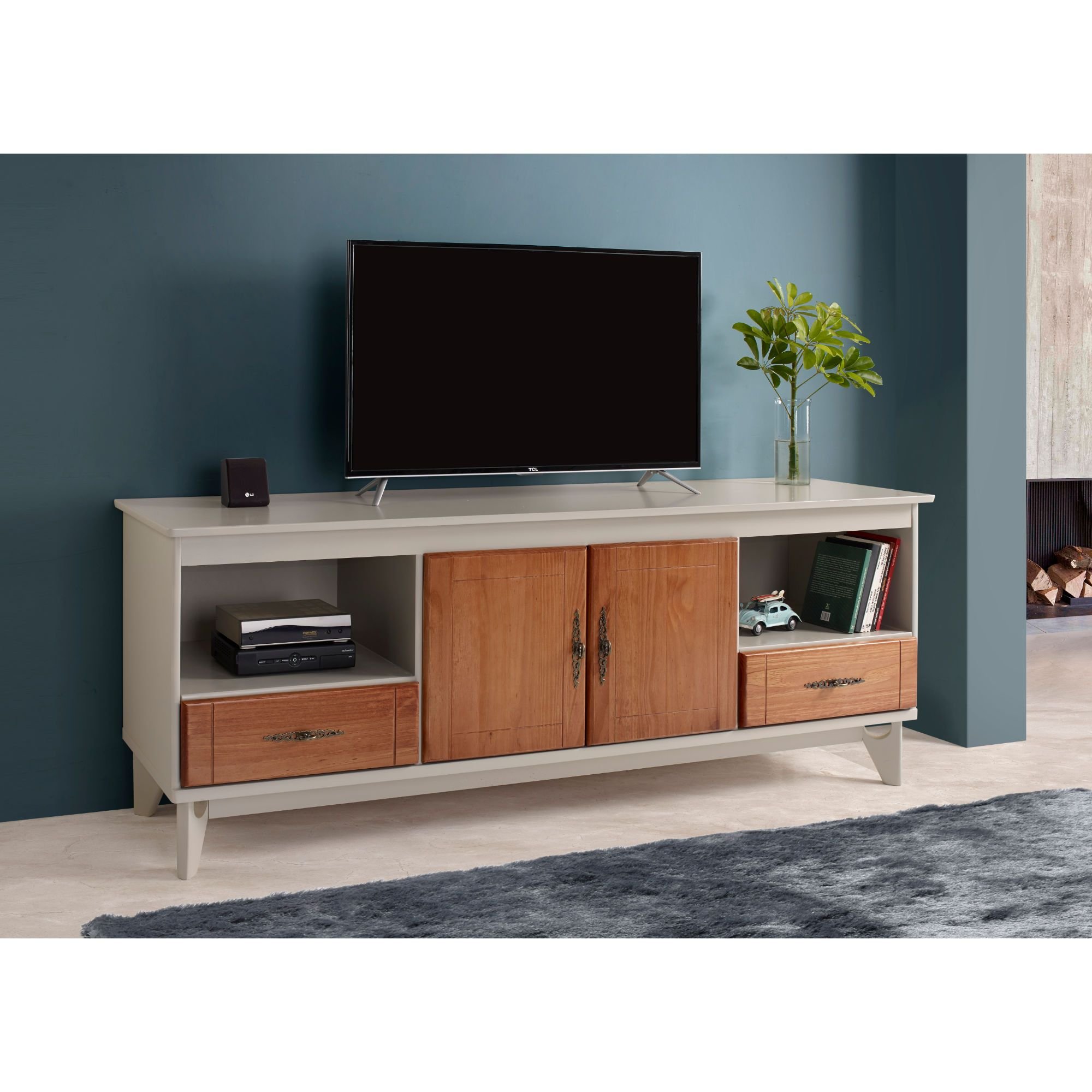 Rack França 187 Cm de Madeira Cor Off White 2 Portas e 2 Gavetas ...