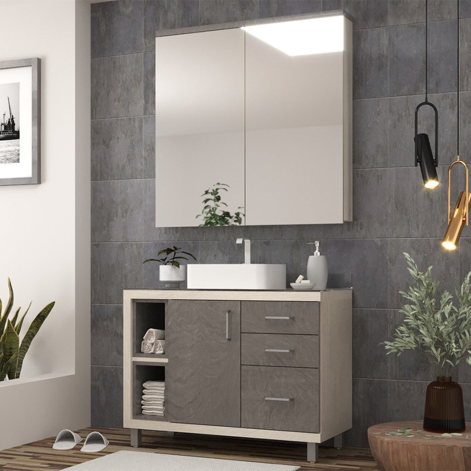 Gabinete de Banheiro 100cm com Cuba e Armário Ref 1030 | MadeiraMadeira