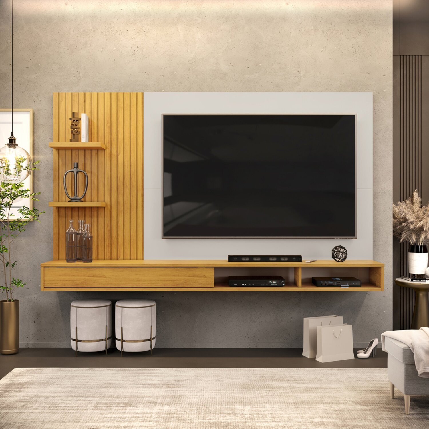 Painel Para Tv até 60 Polegadas Ripado com Nichos Bento | MadeiraMadeira