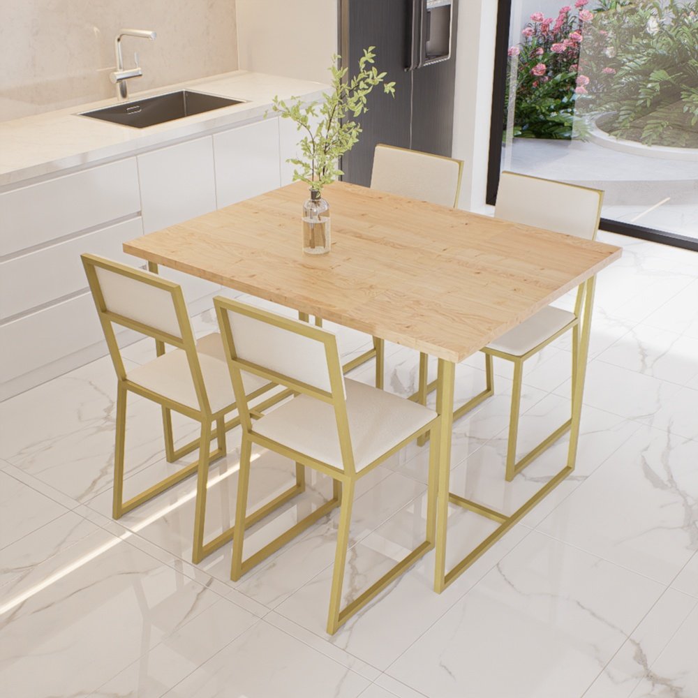 Conjunto Mesa de Jantar Retangular Pinus 4 Cadeiras Estofado Riviera Industrial Dourado Don ...