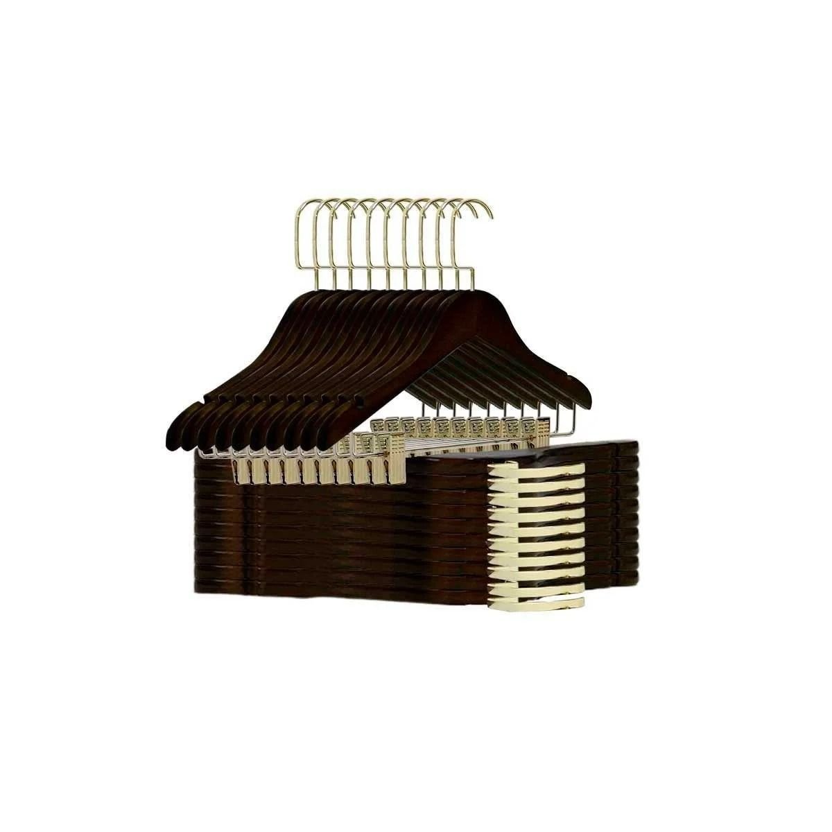 Kit 50 Cabides de Madeira Luxo com Gancho e Presilha Dourados Mesclados ...