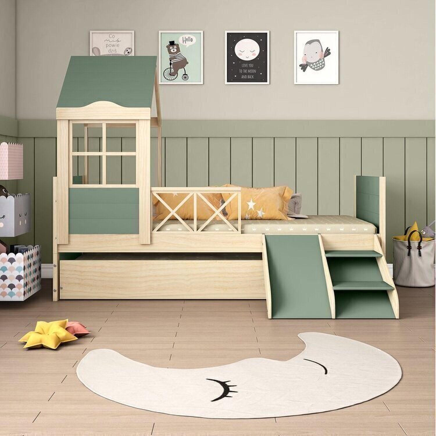 Bicama Solteiro Infantil Garden com Telhado Plus e Kit Escadinha ...