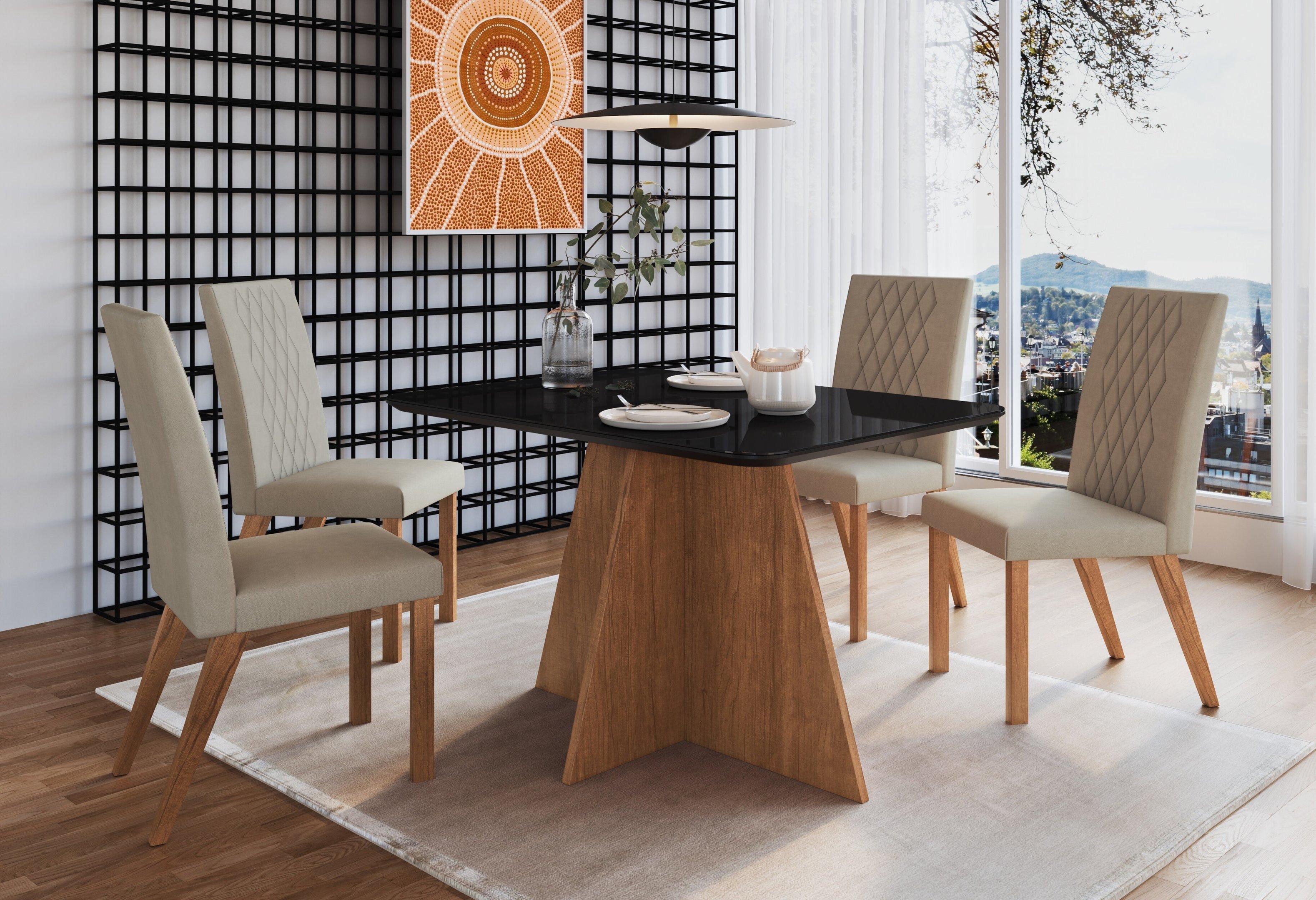 Conjunto Mesa de Jantar Deli Tampo Vidro com 4 Cadeiras Madeira Maeve ...