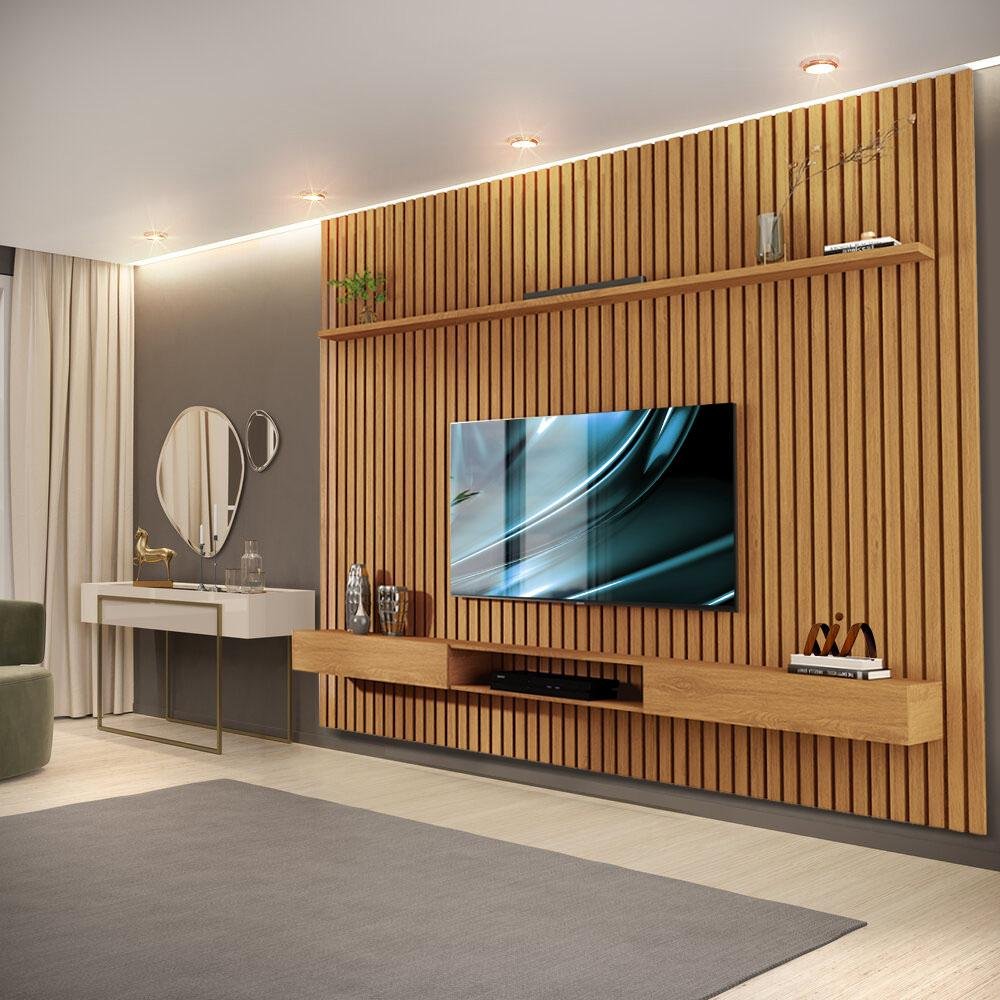 Painel Ripado com Bancada Suspensa Tv até 75 Polegadas 2.2 Nature Veridian Jm Móveis ...