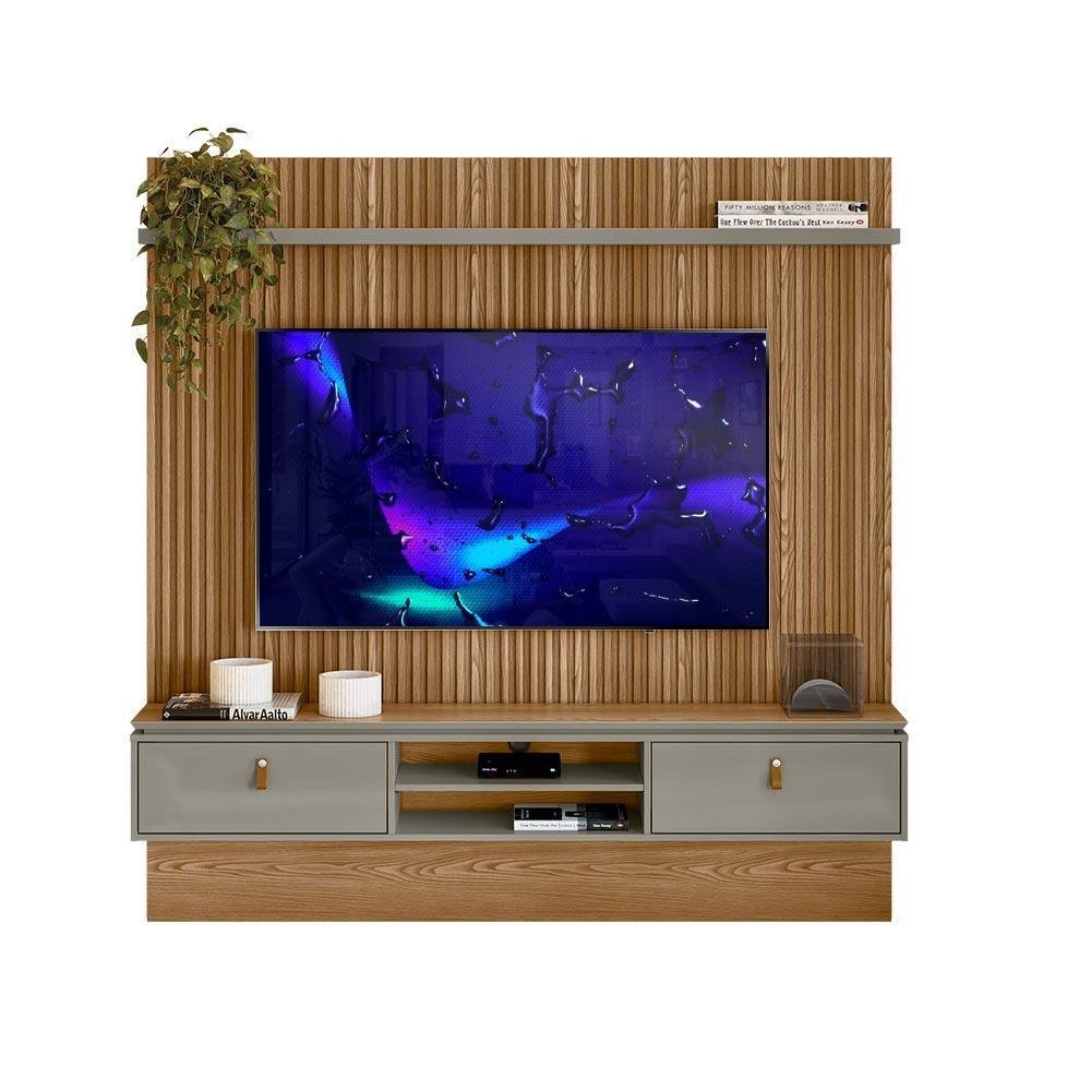 Painel Para TV 75 Polegadas Ripado com LED Authentique Amendoa Titanio Linea Brasil | MadeiraMadeira