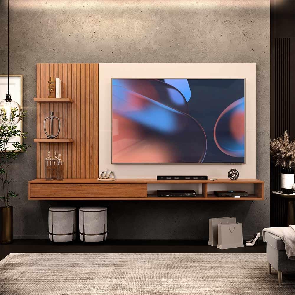 Painel Ripado TV Até 60 Polegadas Freijó Off White Brito Shop JM | MadeiraMadeira
