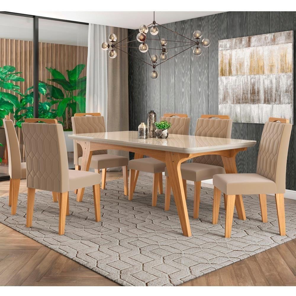 Conjunto Sala De Jantar Selena 180X80 Tampo Em Vidro/Mdf 6 Cadeiras Nature/Off White/Nude ...