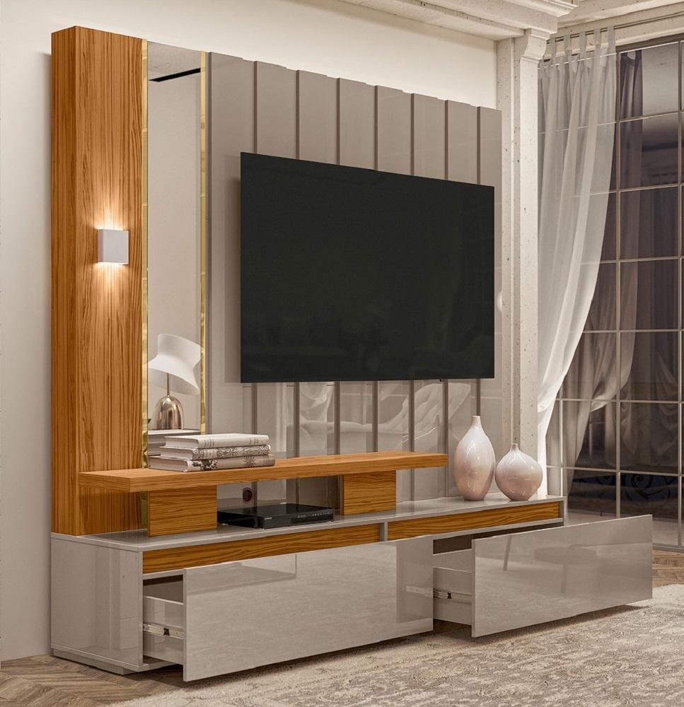 Home Theater Zeus Painel com Detalhes Ripado, Led e Espelho Fendi Naturale Madetec | MadeiraMadeira