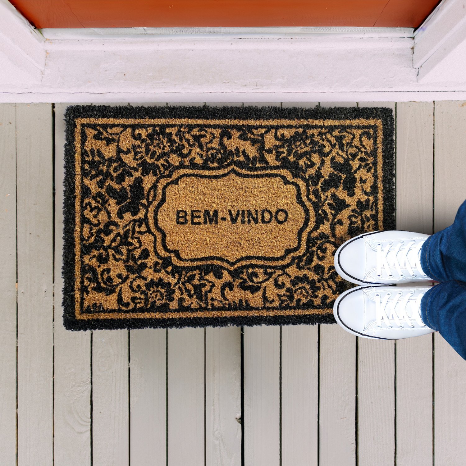 Capacho Fibra Coco Pvc Pintado Welcome Flores Preto 40cm X 60cm ...