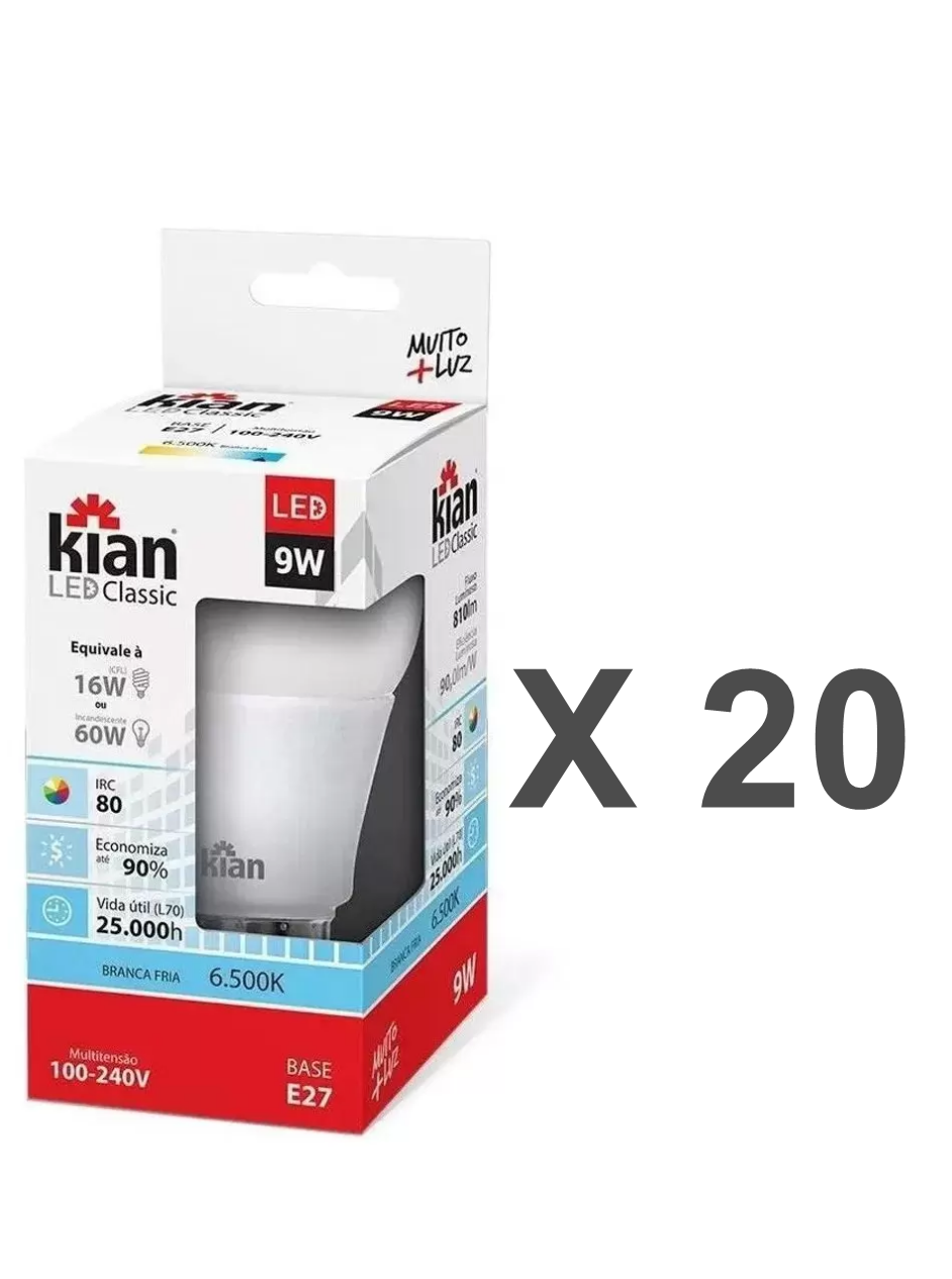 Kit 20 Lâmpadas Bulbo Led 9w Frio 6500k Bivolt Kian - 10058 ...