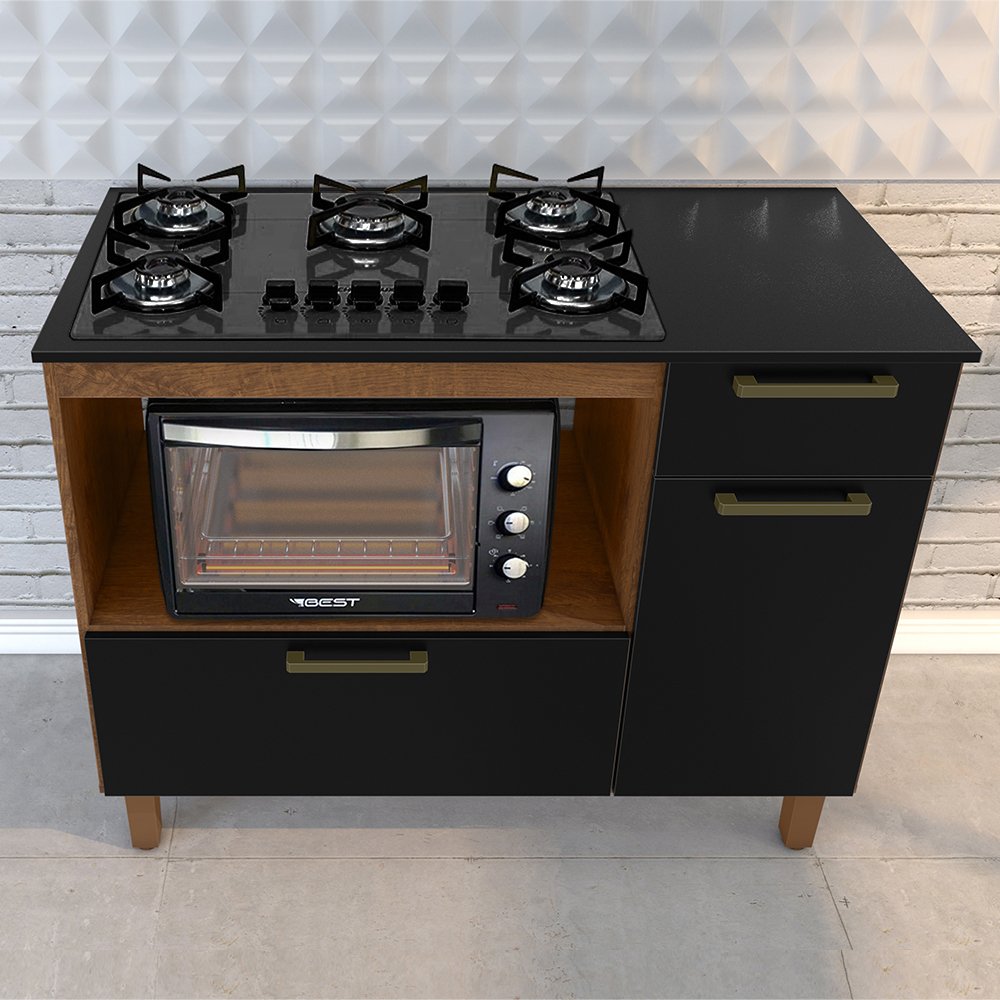 Kit Balcão Cooktop 2 Portas 1 Gaveta com Fogão Cooktop 5 Bocas Preto ...
