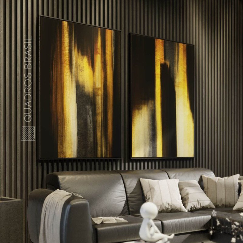 Quadro Abstrato Duo Luxo Preto Amarelo Dourado | MadeiraMadeira