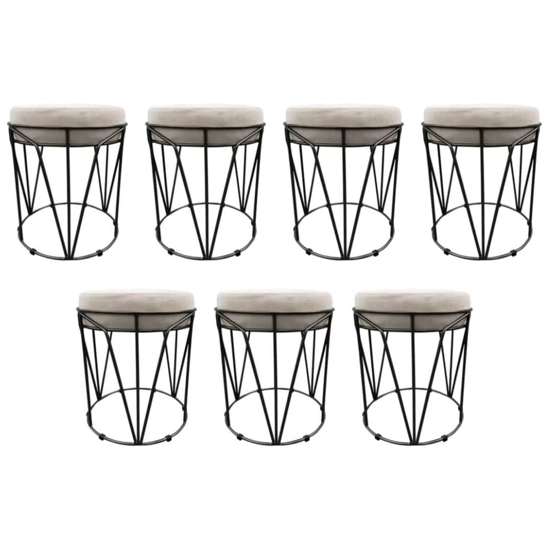 Kit 07 Puff Redondo Aramado Lis Base Preto Suede Bege -Ruotolo Decor ...