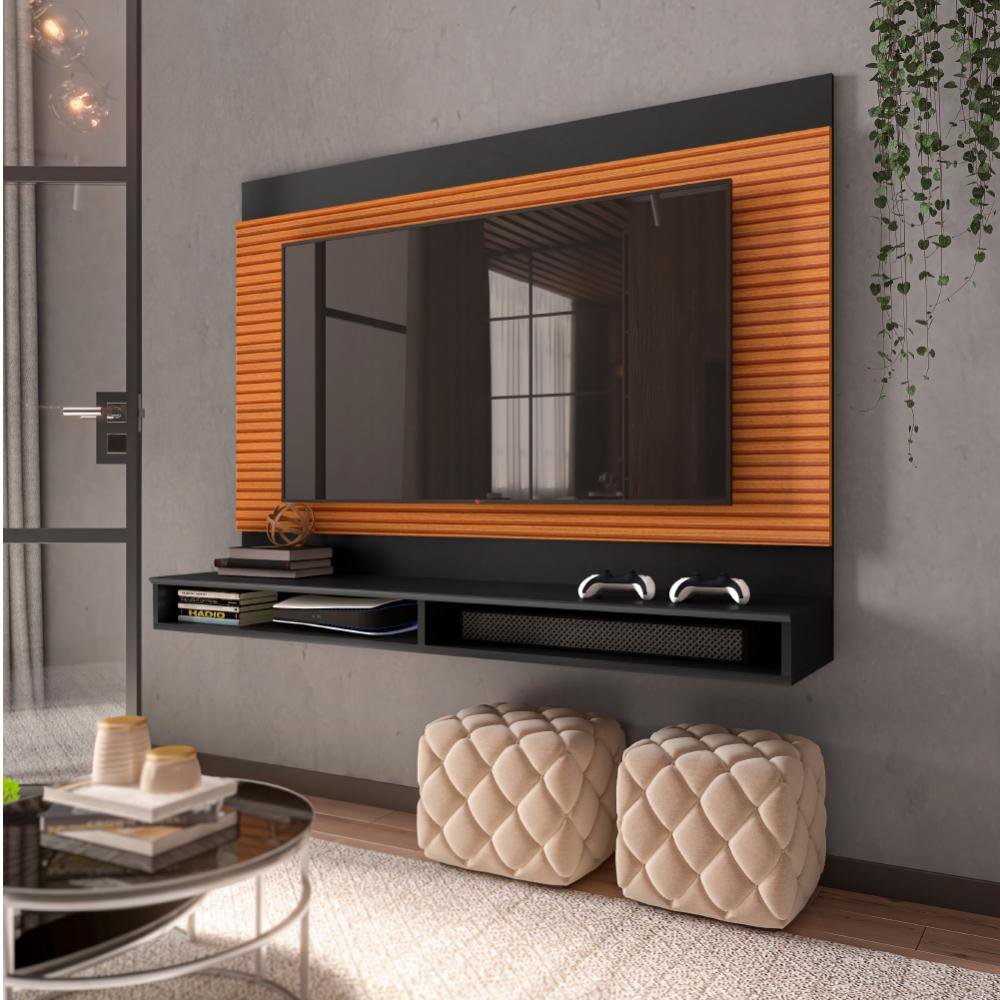 Painel Ripado 3D Para Tv Até 50 Polegadas Milos Com Prateleira 1,35m Preto/Cedro EDN ...