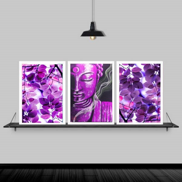 Kit 3 Quadros Buda Zen Folhas Roxas 33x24cm:Madeira branca | MadeiraMadeira