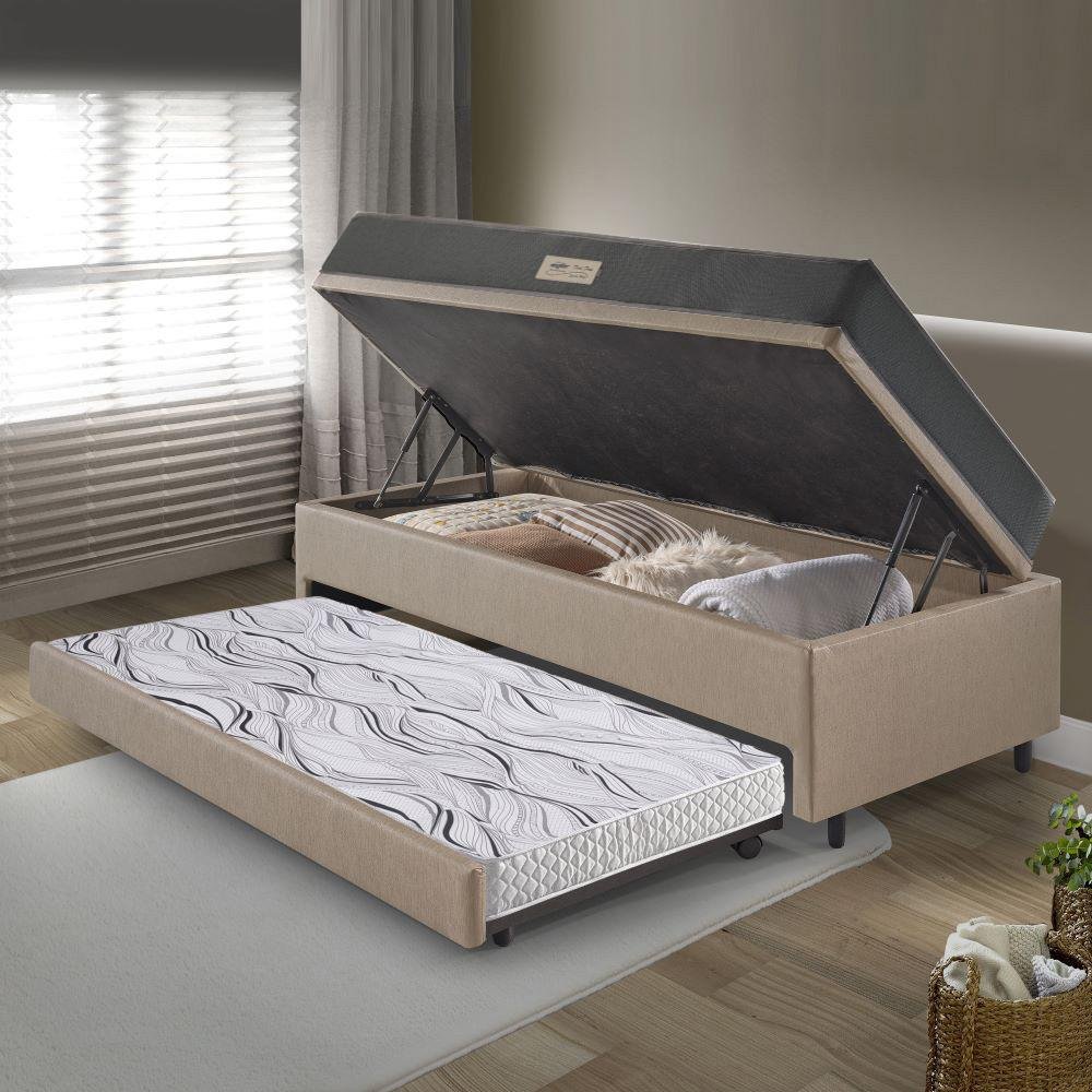 Bicama Box Baú Solteiro 88x188 Courino Linho Bege com Colchão Dual Firm ...