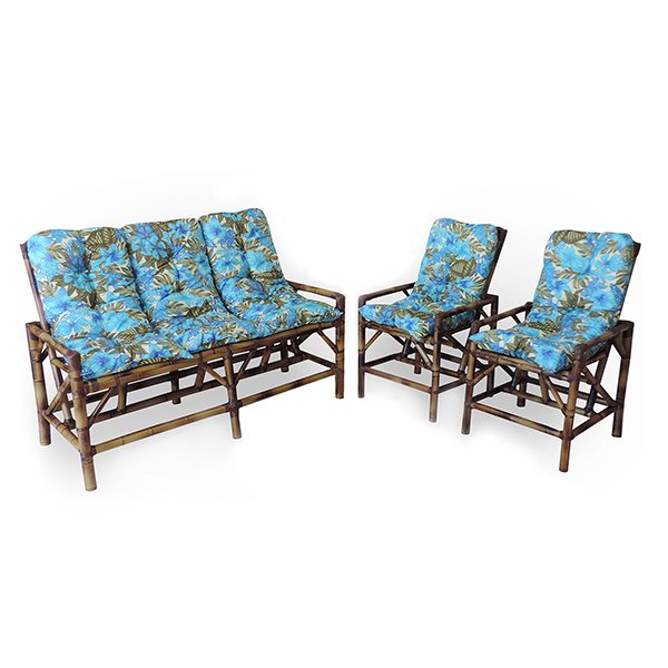 Sofá de Bambu 5 Lugares com Almofadas Flor Azul | MadeiraMadeira