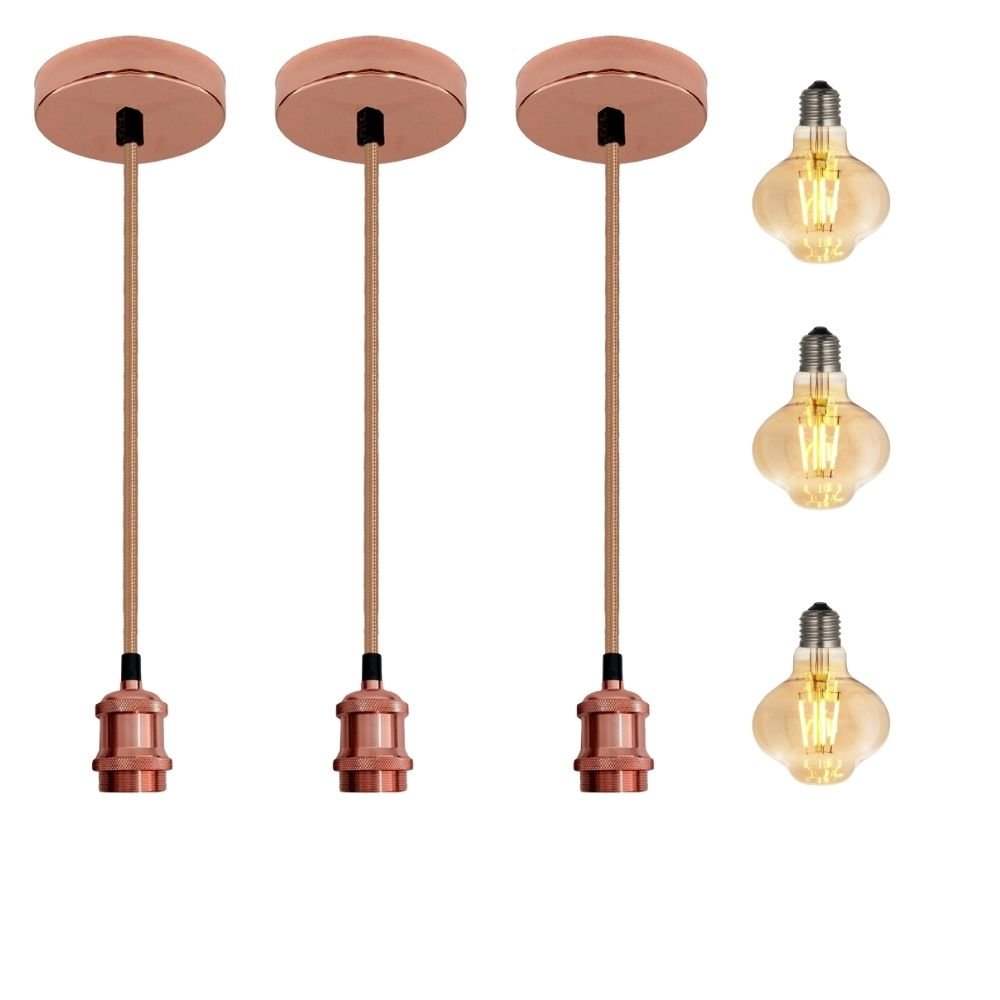 Kit 3 Luminárias Pendente Metal Rose Gold Dourado Rosa + 3 Lâmpadas LED ...