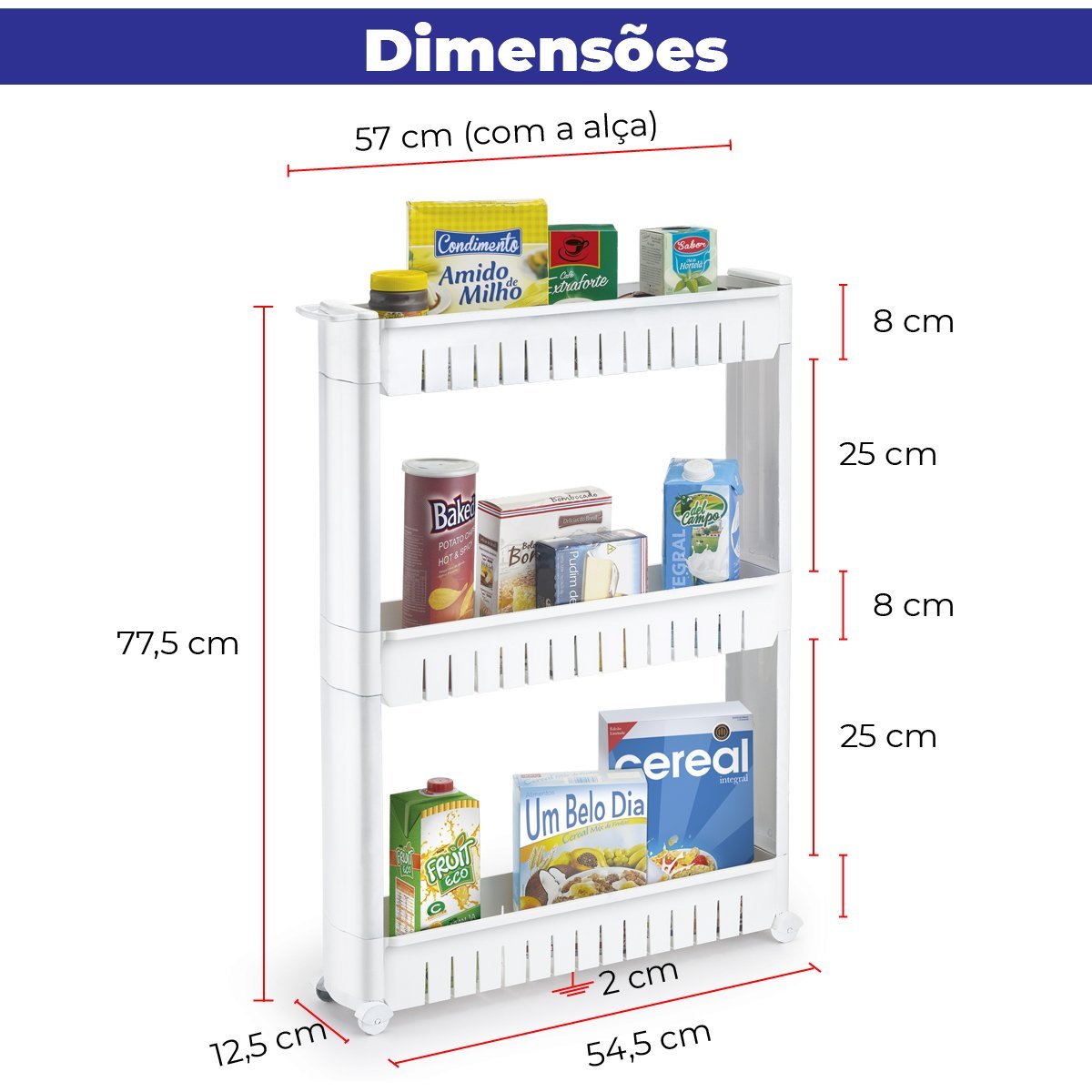 Prateleira Estreita 3 Andares Com Rodinhas Para Dispensa | MadeiraMadeira