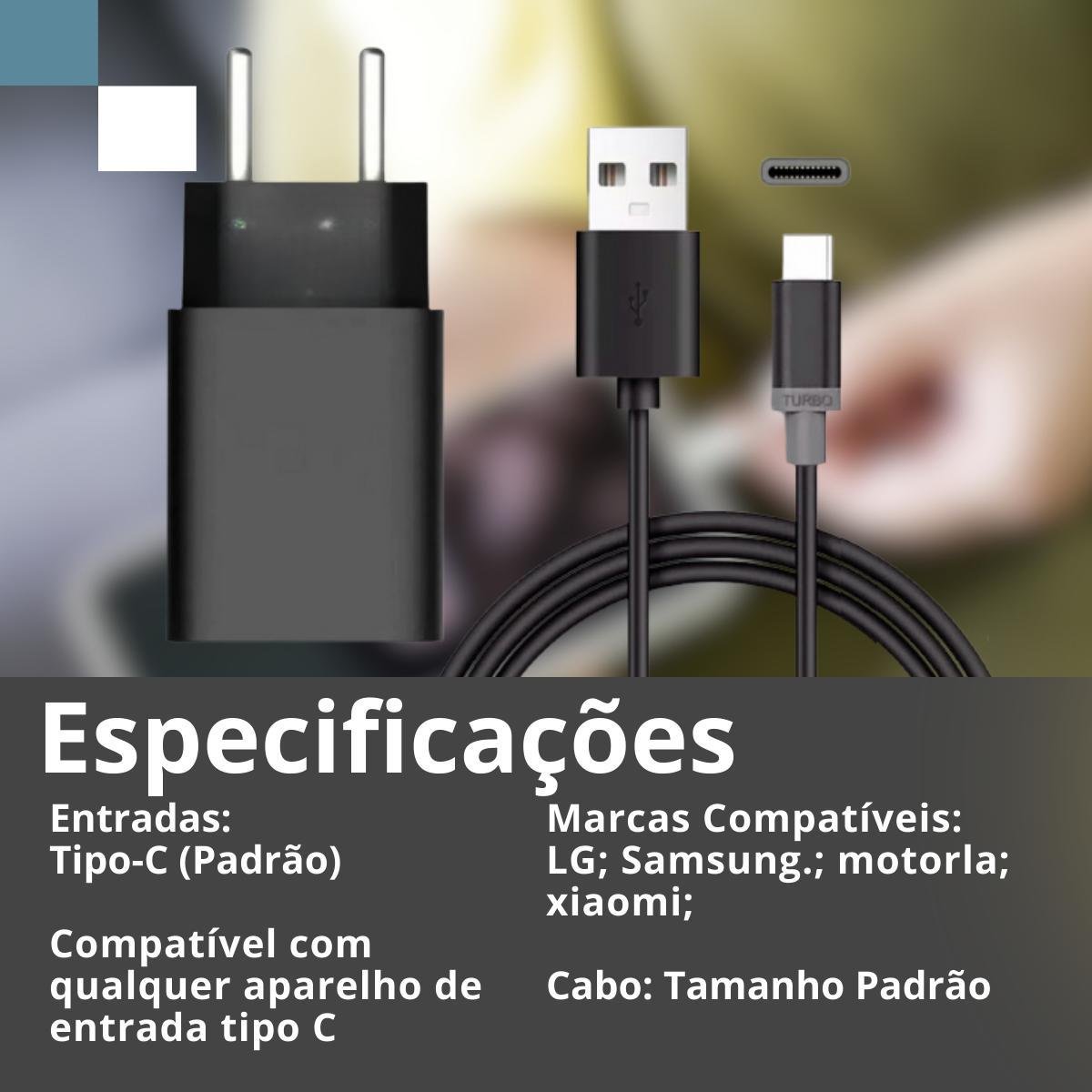 Carregador de Celular Turbo com Entrada Tipo C Cabo + Fonte ...