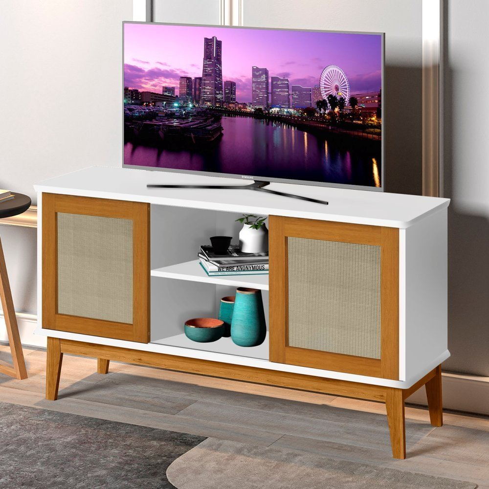 Rack para TV 2 Portas Palha Sintética e Adega Branco Madeira ...