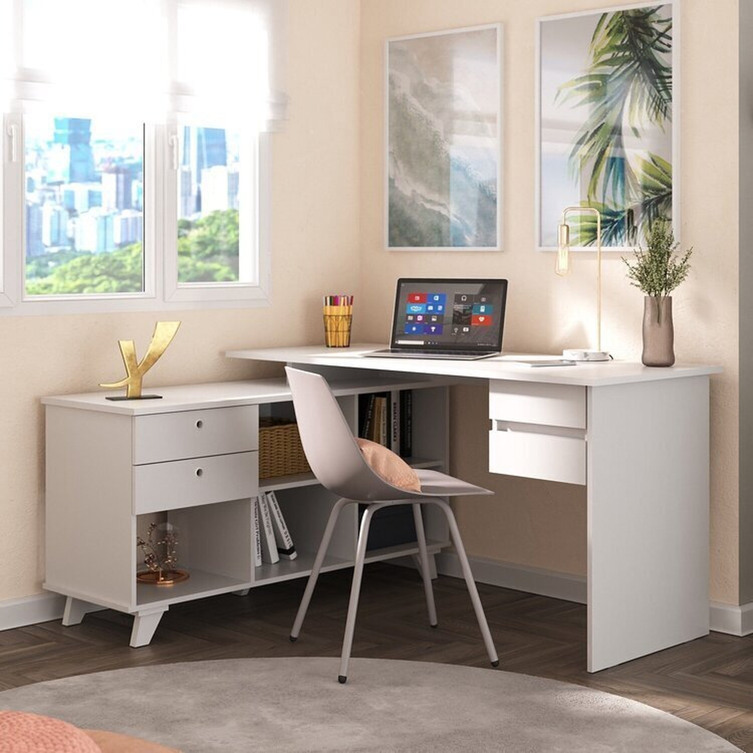 Escrivaninha em L Retrô Gold com 4 Gavetas | MadeiraMadeira