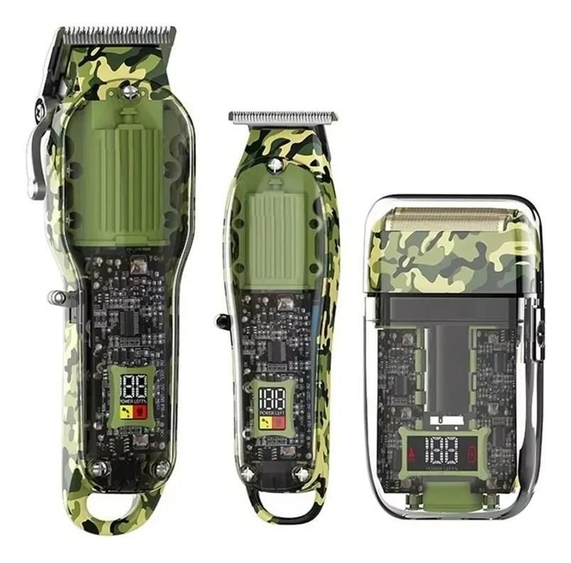 Máquina de Corte Kit Barbeiro 3 em 1 Camuflado Transparente sem Fio Profissional Kemei Km-2379 ...