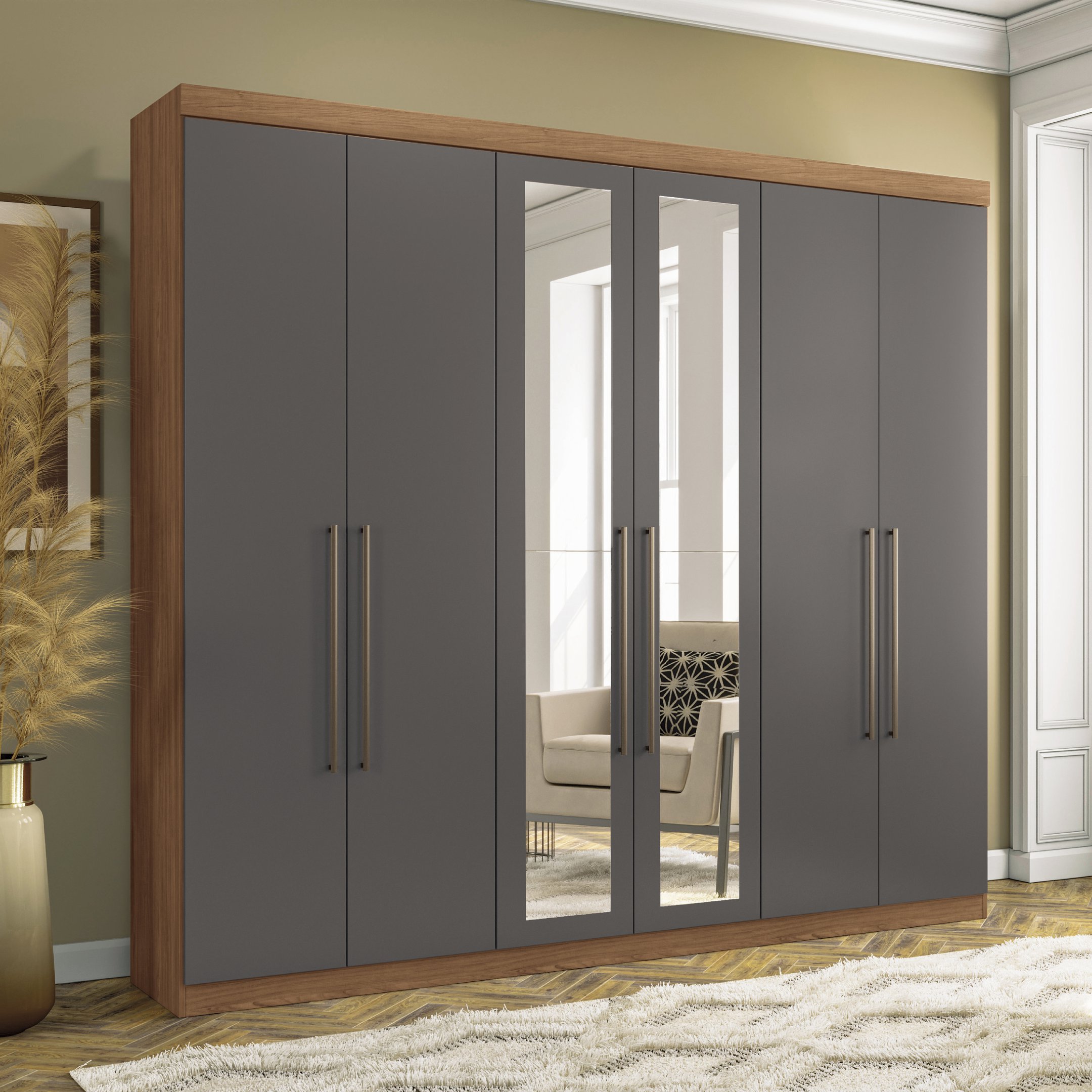 Roupeiro Casal 6 Portas Com Espelho Moli Jatobá Grafite | MadeiraMadeira