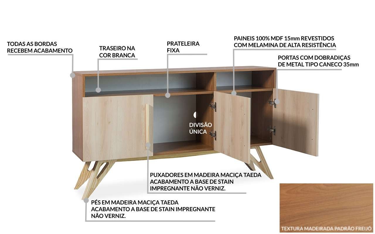 BUFFET 3 PORTAS FAIA MADEIRADO MDF FREIJÓ COM NICHOS 135x35x79 CM ...