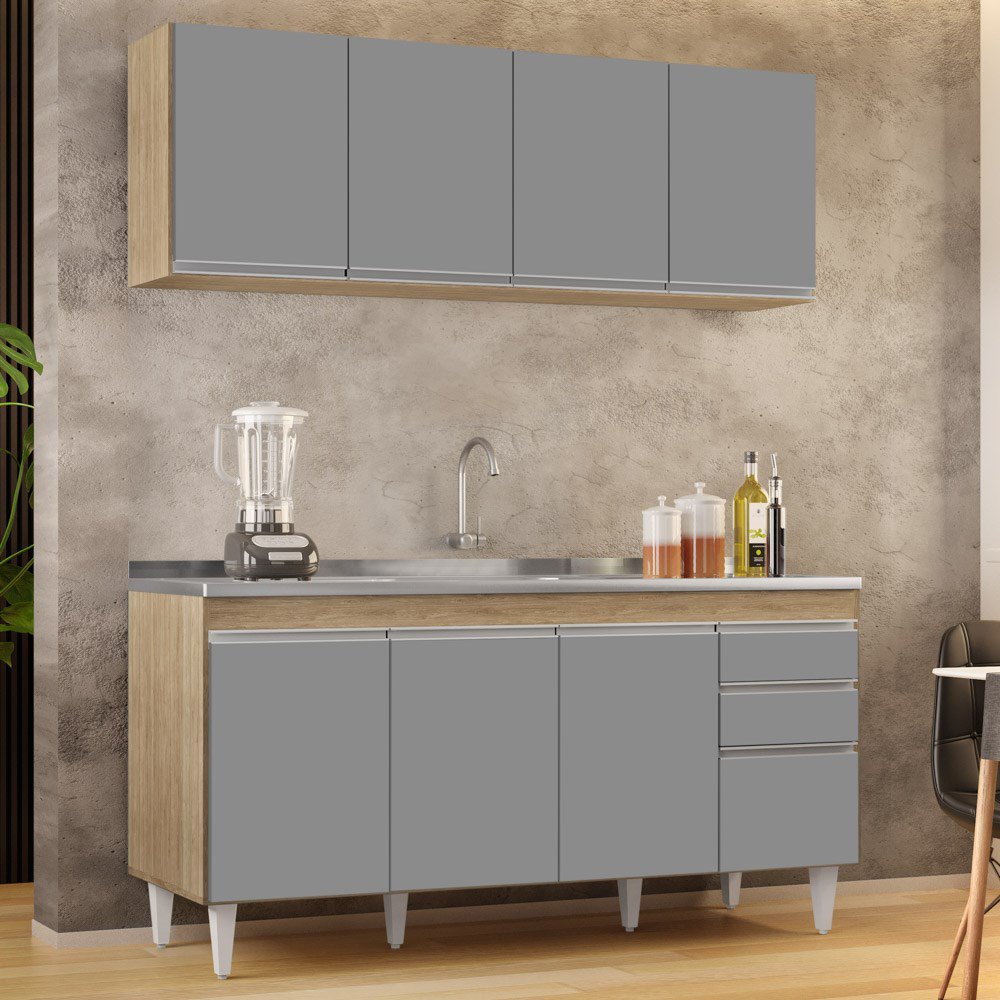 Armário Aéreo Nevada e Balcão Gabinete com Pia 160cm Arkansas Castanho/Cinza - Lumil ...