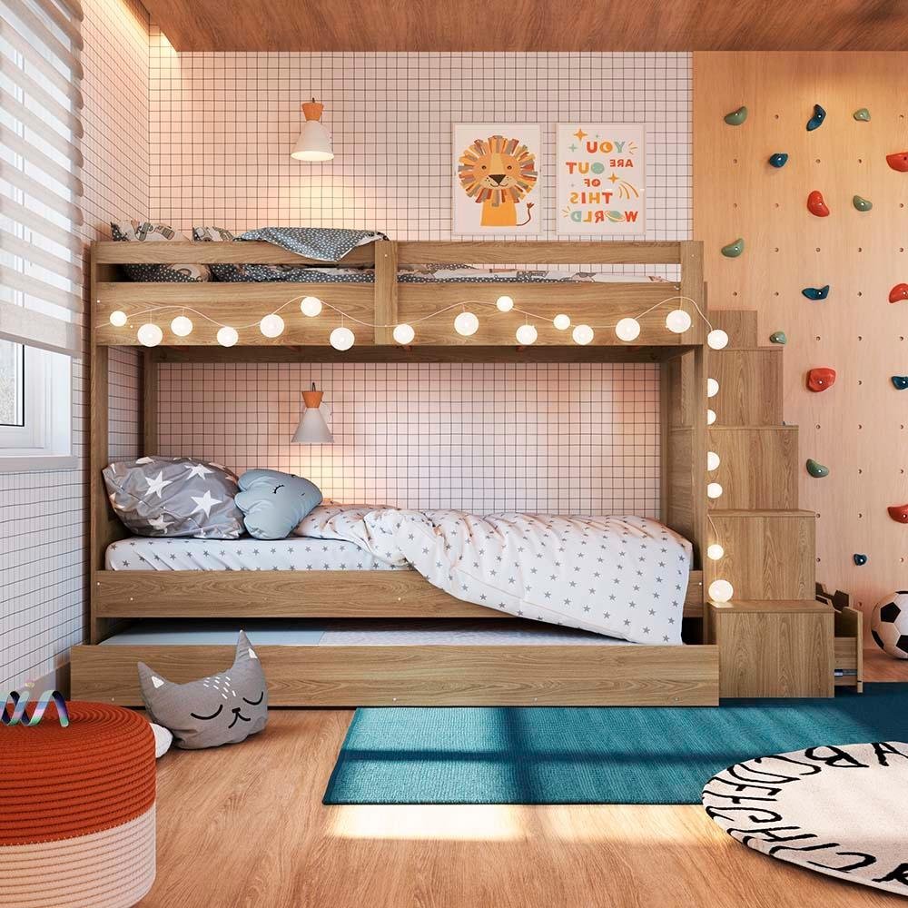 Treliche Infantil Solteiro com 05 Nichos e Cama Auxiliar Aveiro Oak ...