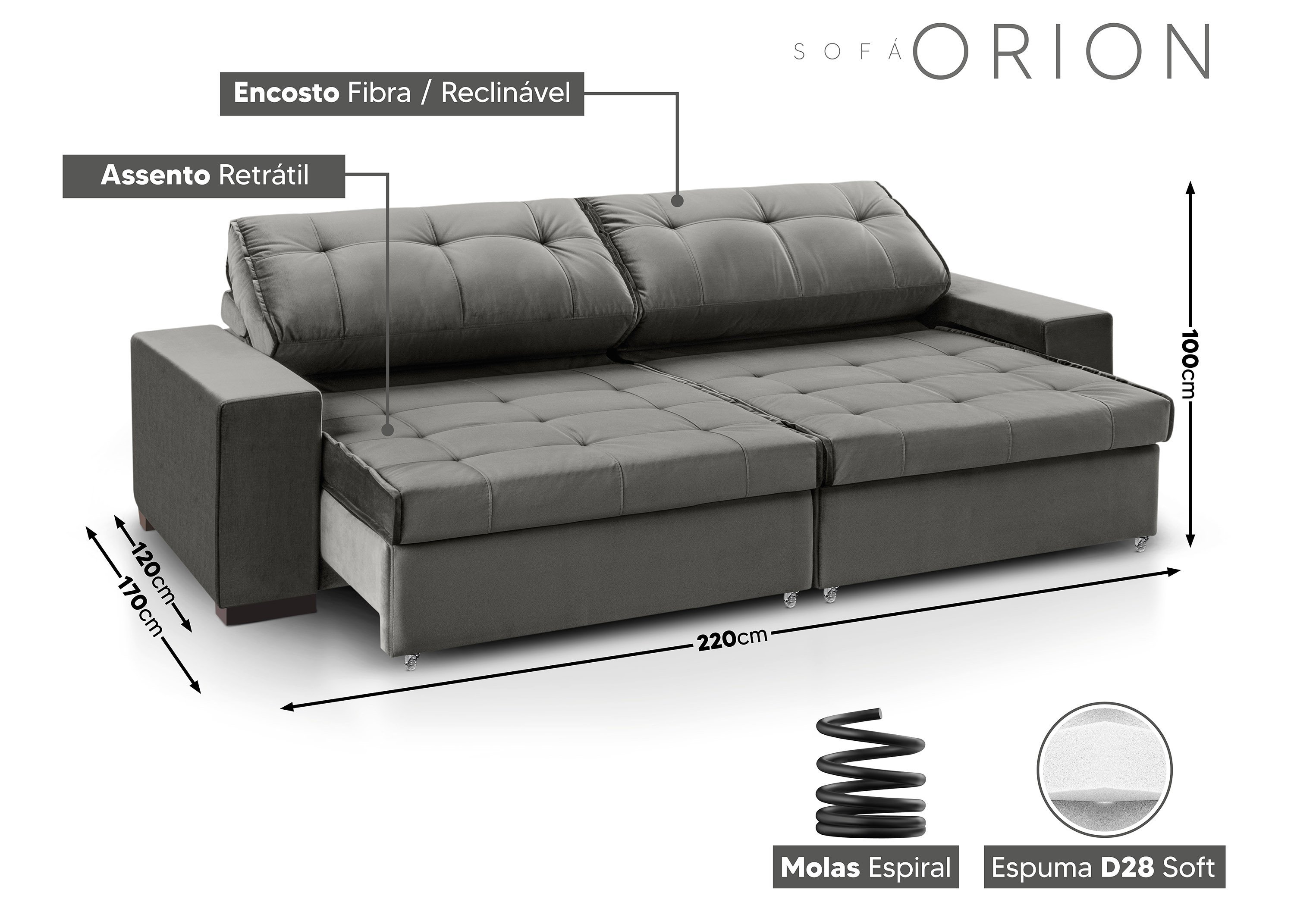 Sofá Orion - Retrátil / Reclinável 220 Cm- Veludo | MadeiraMadeira