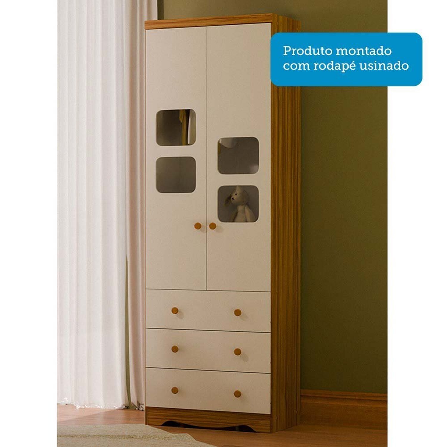 Guarda-roupa Infantil 61,70cm 2 Portas com Janelas e 3 Gavetas sem Pés ...