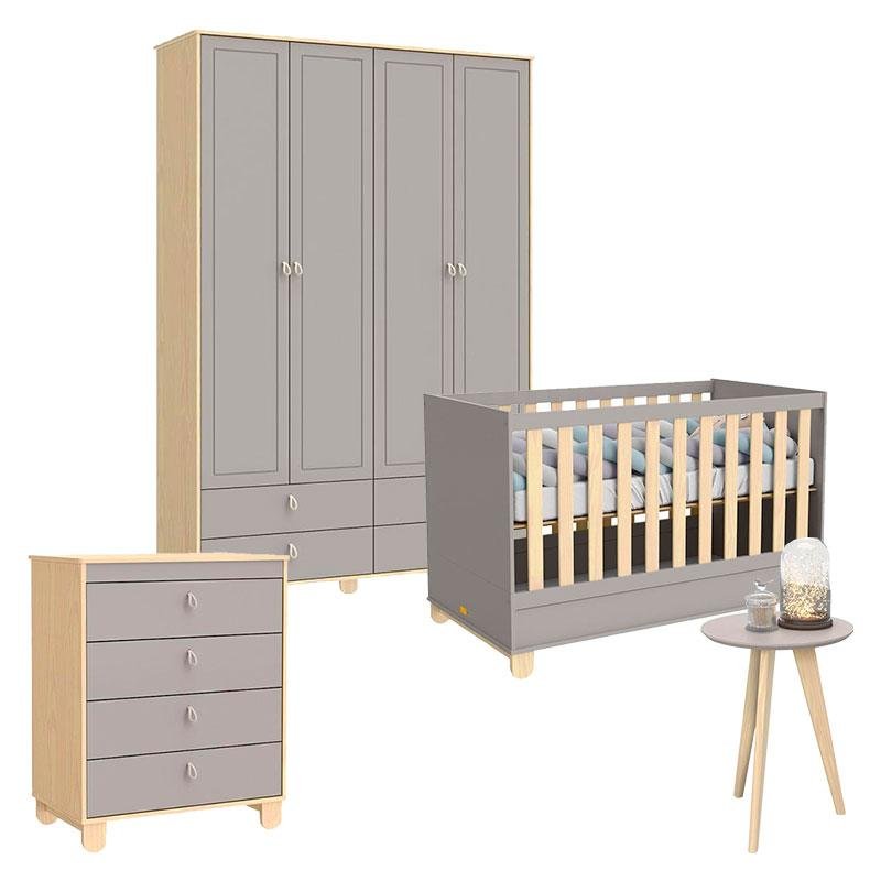Quarto de Bebê 4 Portas Rope com Mesa Lateral Liv Natural Cinza - Matic ...